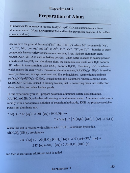 Experiment 7 Preparation of Alum PURPOSE oF EXPERIMENT: Prepare KAI(So ...