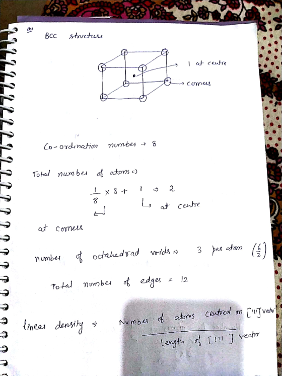 Draw a BCC unit cell and derive linear density and planner density ...