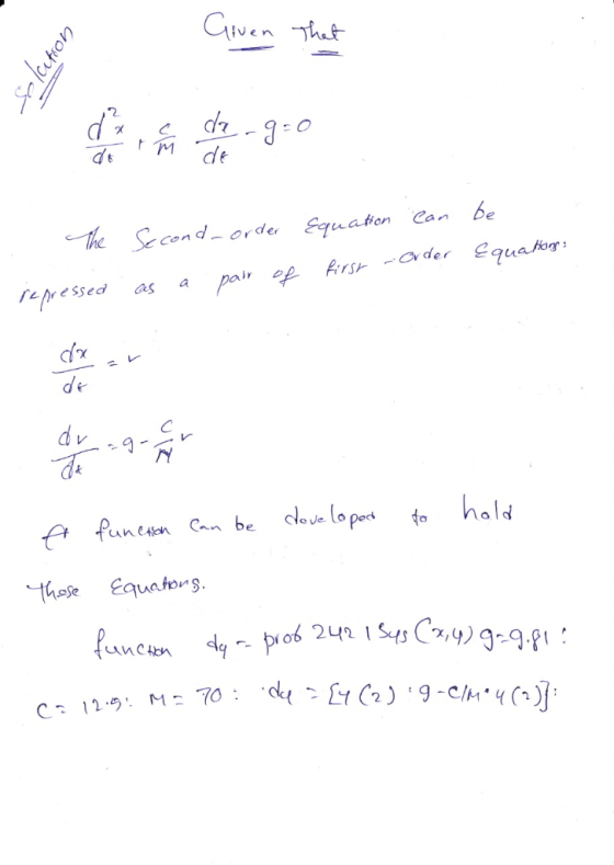 Solve in Matlab Suppose that the position of a falling object is ...