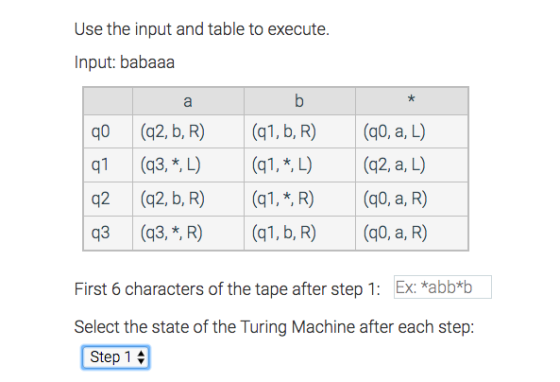 turing machine transition table Use the input and table to execute ...