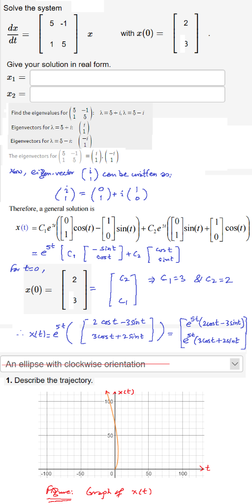 1 point) Solve the system 5 -1 dx lc dt 2 with x (0) = Give your ...