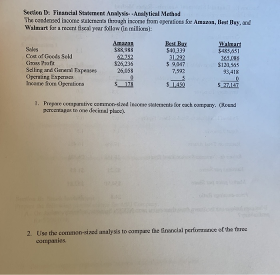 Section D: Financial Statement Analysis--Analytical Method The ...