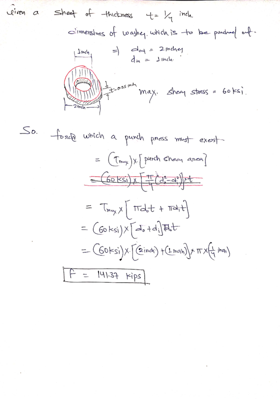 Calculate the force a punch press must excert if it is to punch out a ...