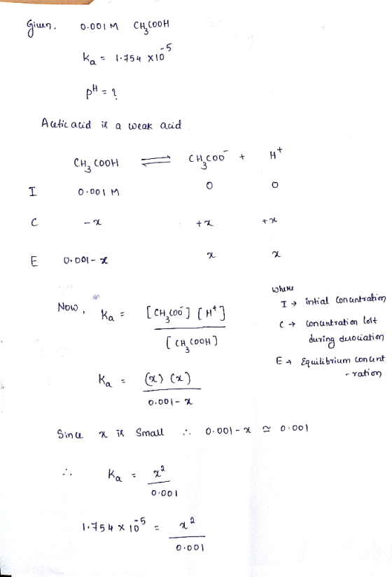 Find the pH of .001 M acetic acid, Ka=(1.754*10^-5) - HomeworkLib