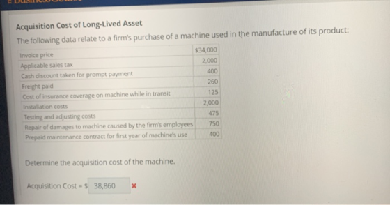 400 Acquisition Cost of Long-Lived Asset The following data relate to a ...