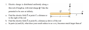 A uniformly charged rod of length L and total charge Q lies along the x ...