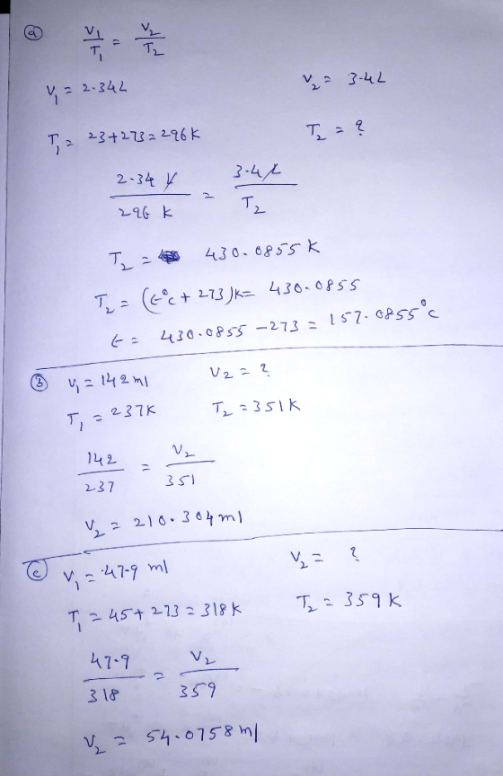 For each of the following sets of volume/temperature data, calculate ...