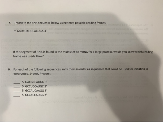 please help with genetics !! 5. Translate the RNA sequence below using ...