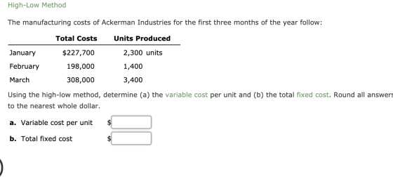 High-Low Method The manufacturing costs of Ackerman Industries for the ...