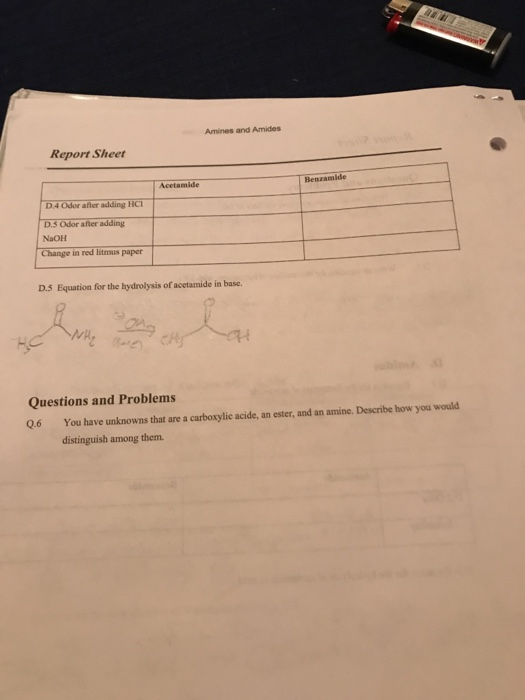 Amines and Amides Report Sheet D.4 Odor after adding HCI DS Odor after ...
