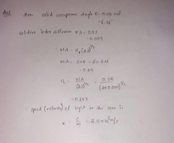 A step-index fiber has a solid acceptance angle in air of 0.115 radians ...