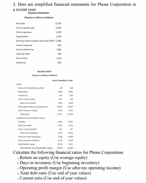 3. Here are simplified financial statements for Phone Corporation in a ...