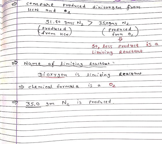 Based on the following chemical equation: 4HCN + 5O2 -> 2N2 + 4CO2 ...