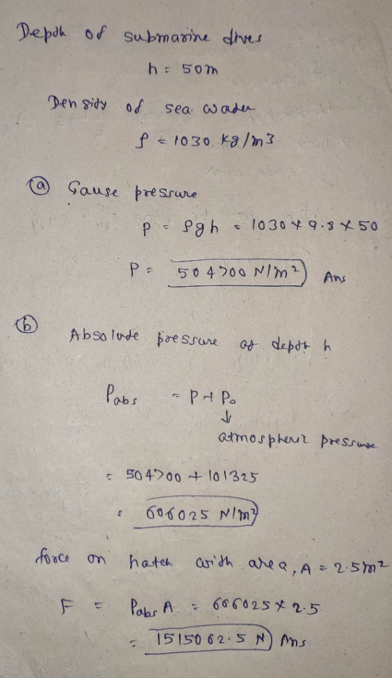 A submarine dives to a depth of 50 meters in the ocean. (a) What is the ...
