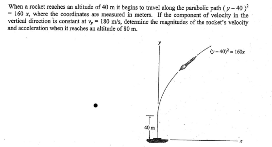 When a rocket reaches an altitude of 40 m it begins to travel along the ...
