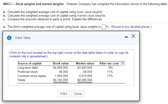 WACC-Book weights and market weights Webster Company has compiled the ...