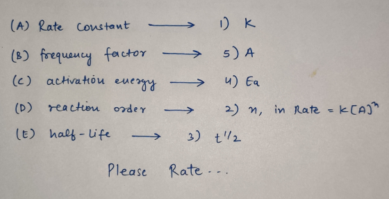 Match the following A) rate constant B) frequency factor C) activation ...