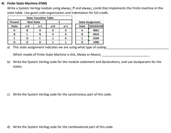 4) Finite State Machine (FSM) Write a System Verilog module using ...