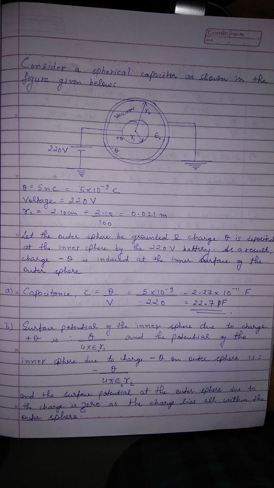 A spherical capacitor contains a charge of 5.00 nC when connected to a ...