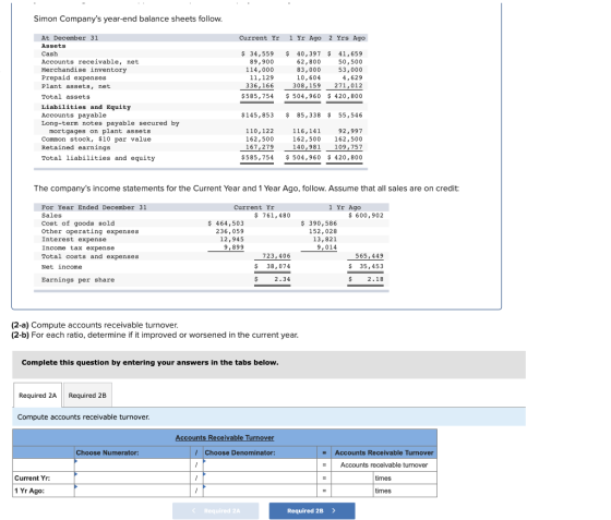 Simon Company's year-end balance sheets follow. 1 Yr Ago 2 Yrs Ago At ...