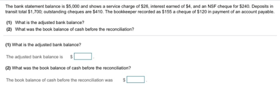The bank statement balance is $5,000 and shows a service charge of $26 ...