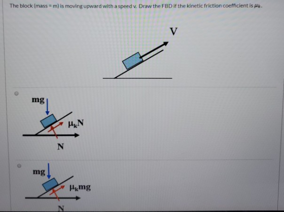 The block (mass=m) is moving upward with a speed v. Draw the FBD if the ...