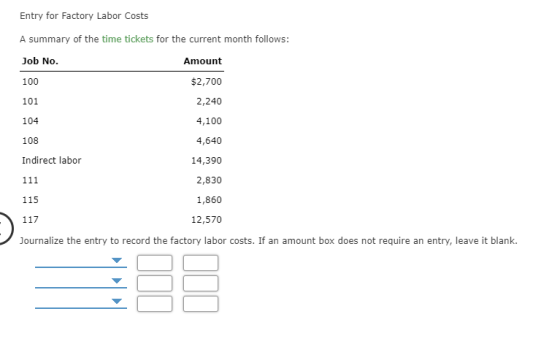 Entry for Factory Labor Costs A summary of the time tickets for the ...