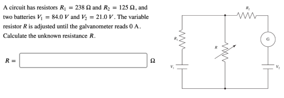 A circuit has resistors R1-238 Ω and R2-125 Ω, and two batteries Vi-84. ...