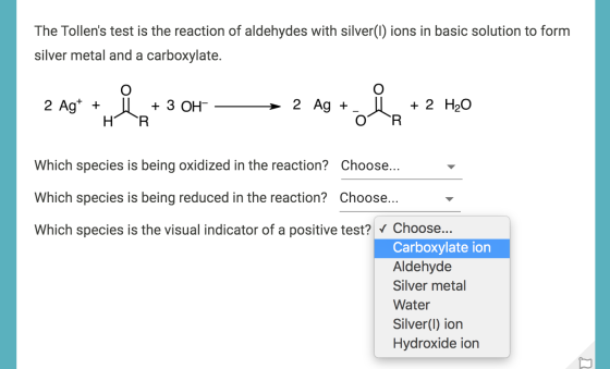 The Tollen's test is the reaction of aldehydes with silver(l) ions in ...