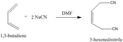 Reaction of conjugated diene w/ 1. Br2, heat; 2. NaCN (2 equiv), DMF ...