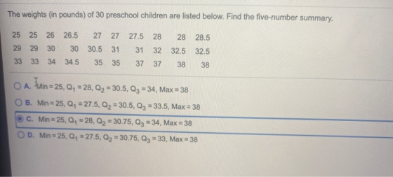 The weights (in pounds) of 30 preschool children are listed below. Find ...