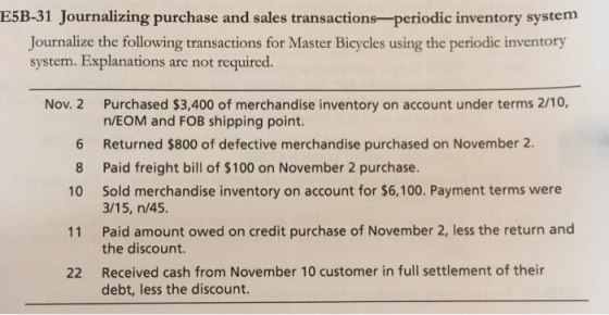 E5B-31 Journalizing purchase and sales transactions-periodic inventory ...