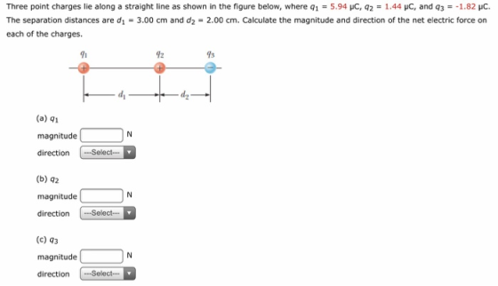 Three point charges lie along a straight line as shown in the figure ...