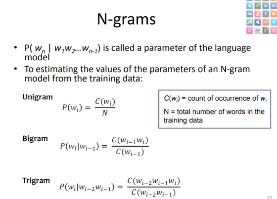 Please give an example in unigram, bigram and trigram respectively for ...