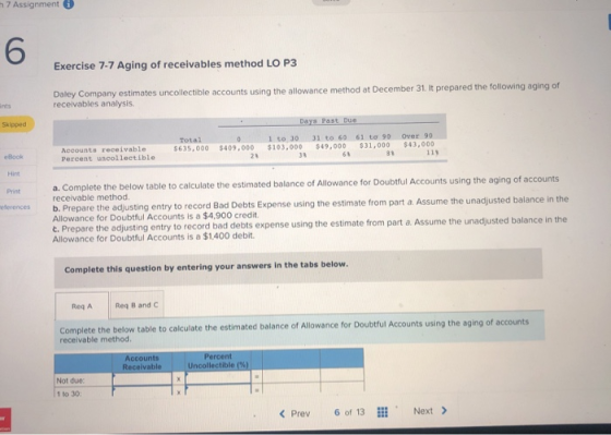 7 Assignment Exercise 7-7 Aging of receivables method LO P3 Daley ...