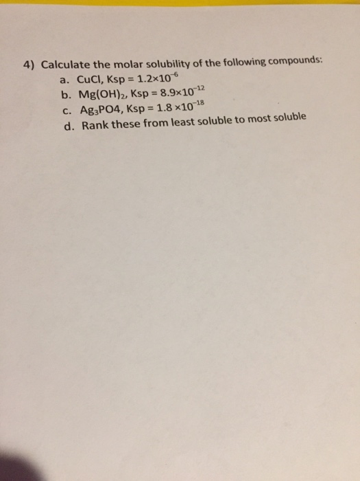 4) Calculate the molar solubility of the following compounds: a. CuCI ...