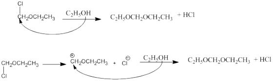 The reaction of ClCH2OCH2CH3 with ethanol (without catalyst) yields a ...