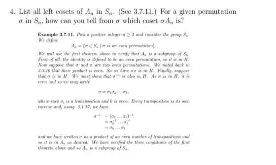 4. List all left cosets of An in Sn. (See 3.7.11.) For a given ...