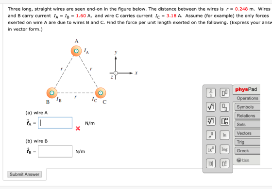 Three long, straight wires are seen end-on in the figure below. The ...