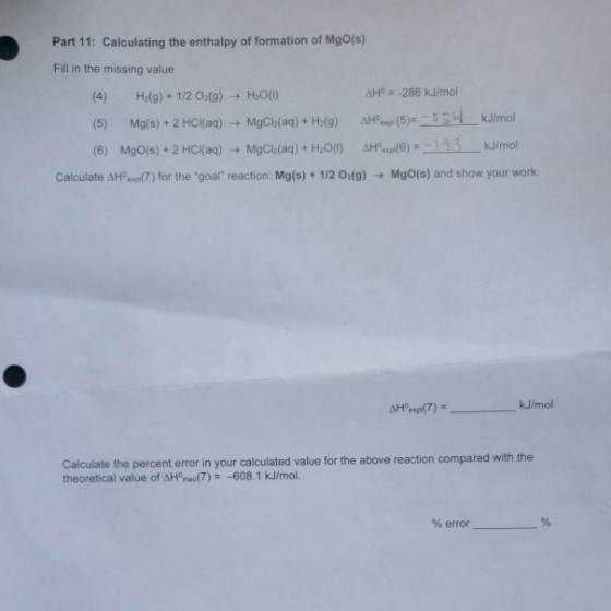 Part 11: Calculating the enthalpy of formation of MgO(s) Fill in the ...