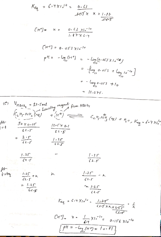 Part 1.) Consider the titration of 50.0 mL of 0.0500 M C2H5NH2 (a weak ...